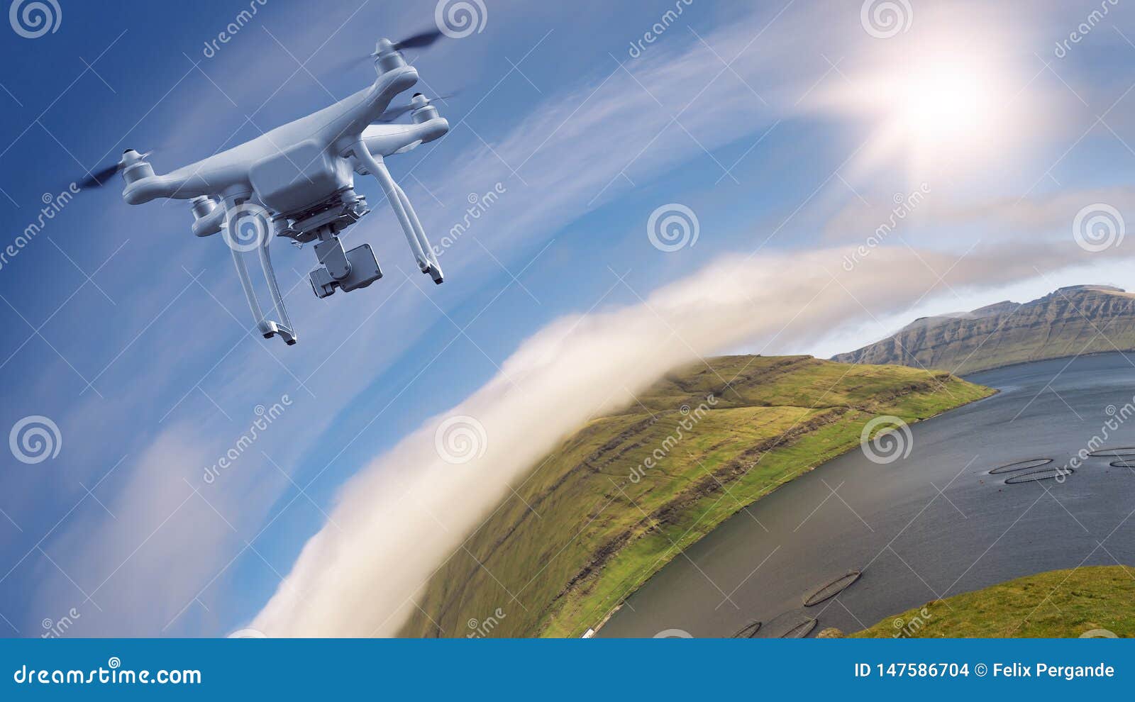 Multicopter Drone Flying High Over Landscape Stock Photo - Image of ...