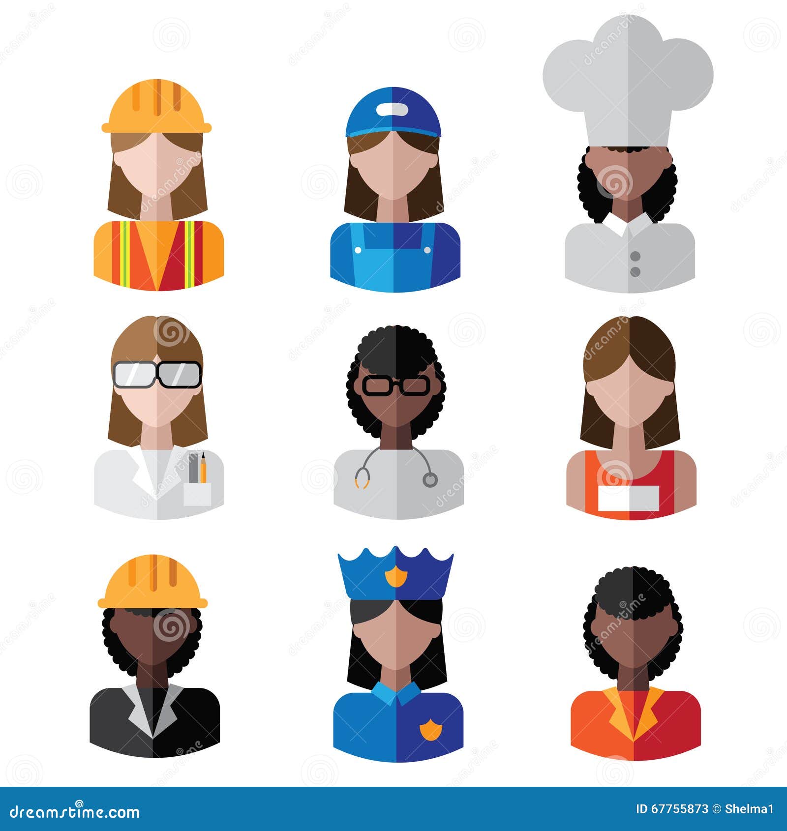 Multicultural Female Professions Icon Set. Stock Vector - Illustration ...