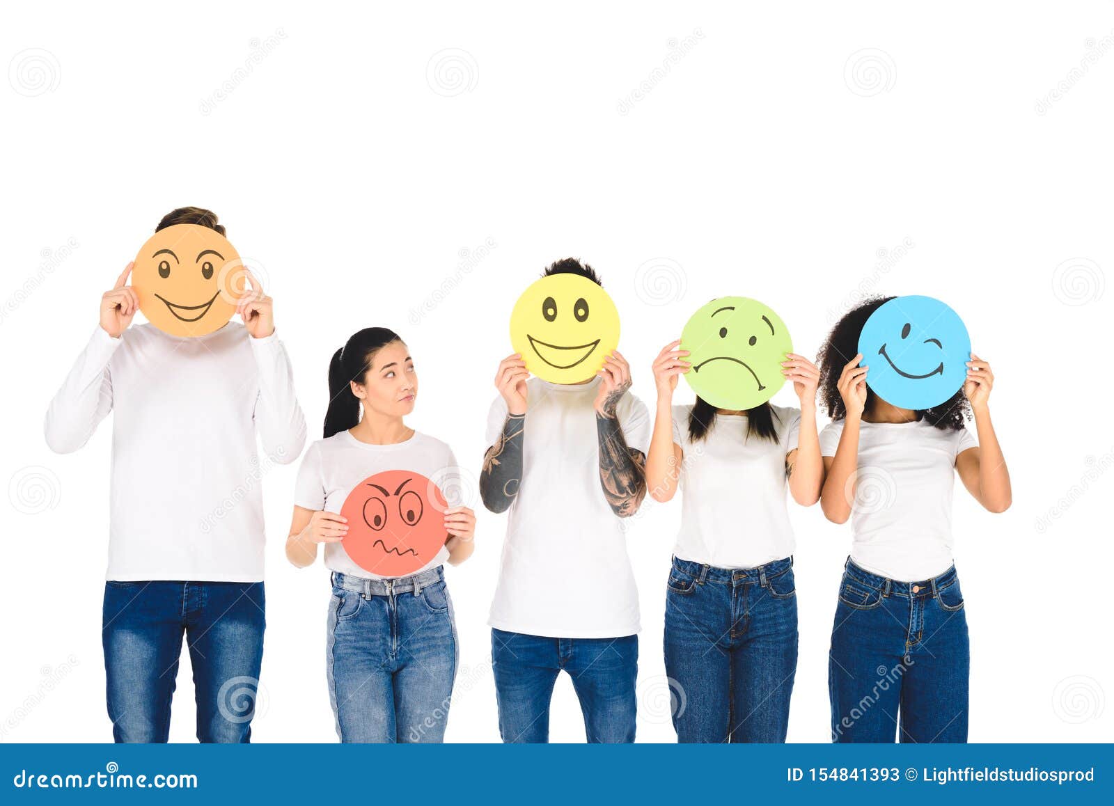 Multicultural Friends Hiding Faces Behind Colored Signs Isolated Stock ...