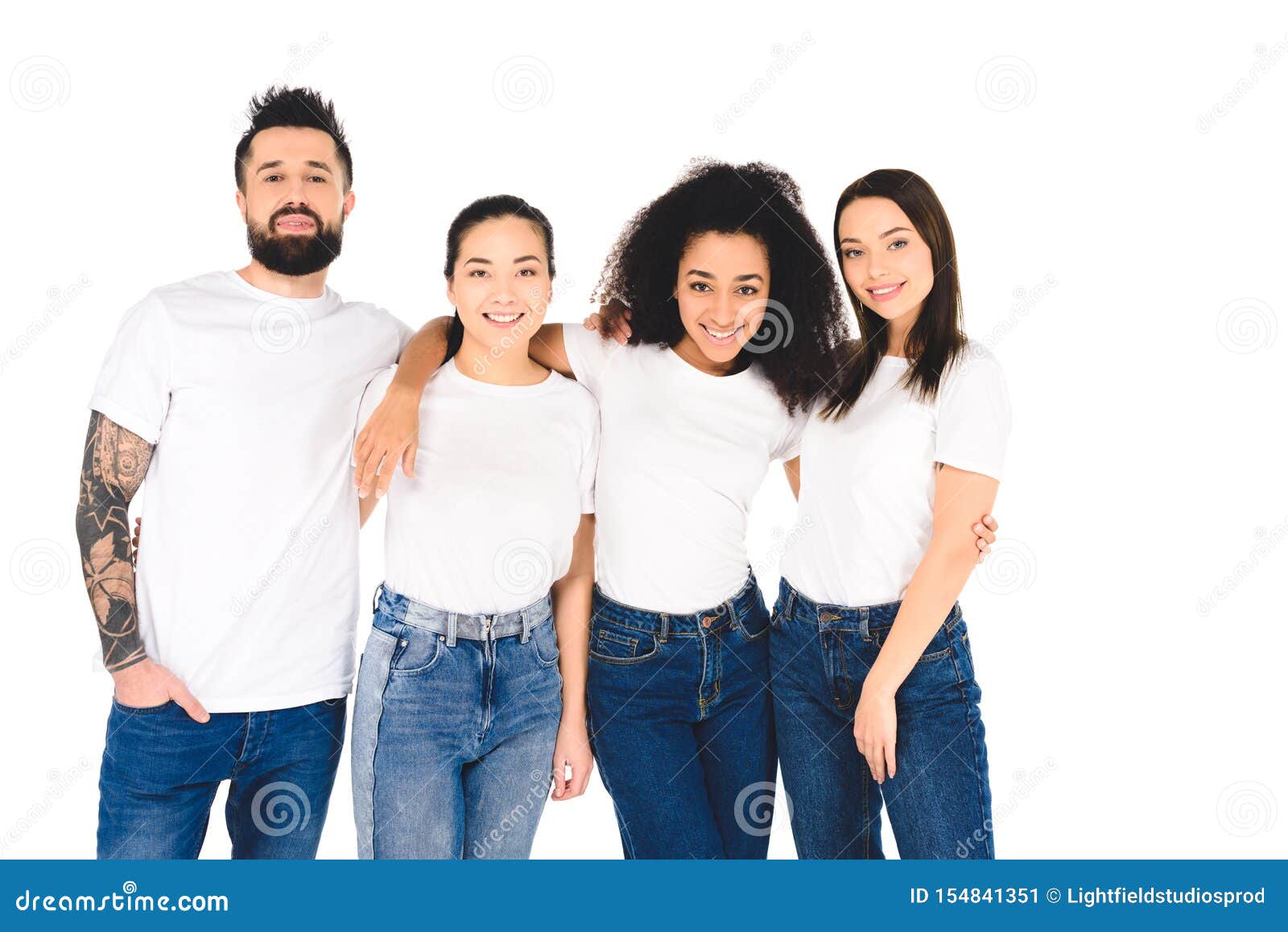 Multicultural Friends Smiling and Hugging while Looking at Camera ...