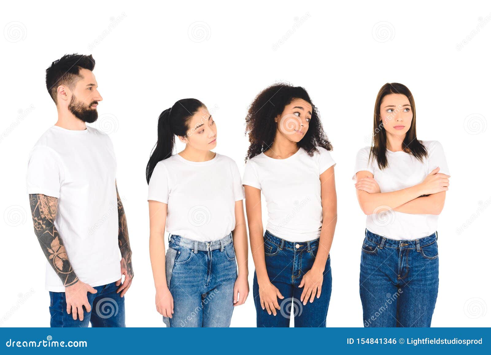 Multicultural Group of Friends Looking at Sad Girl Isolated Stock Photo ...