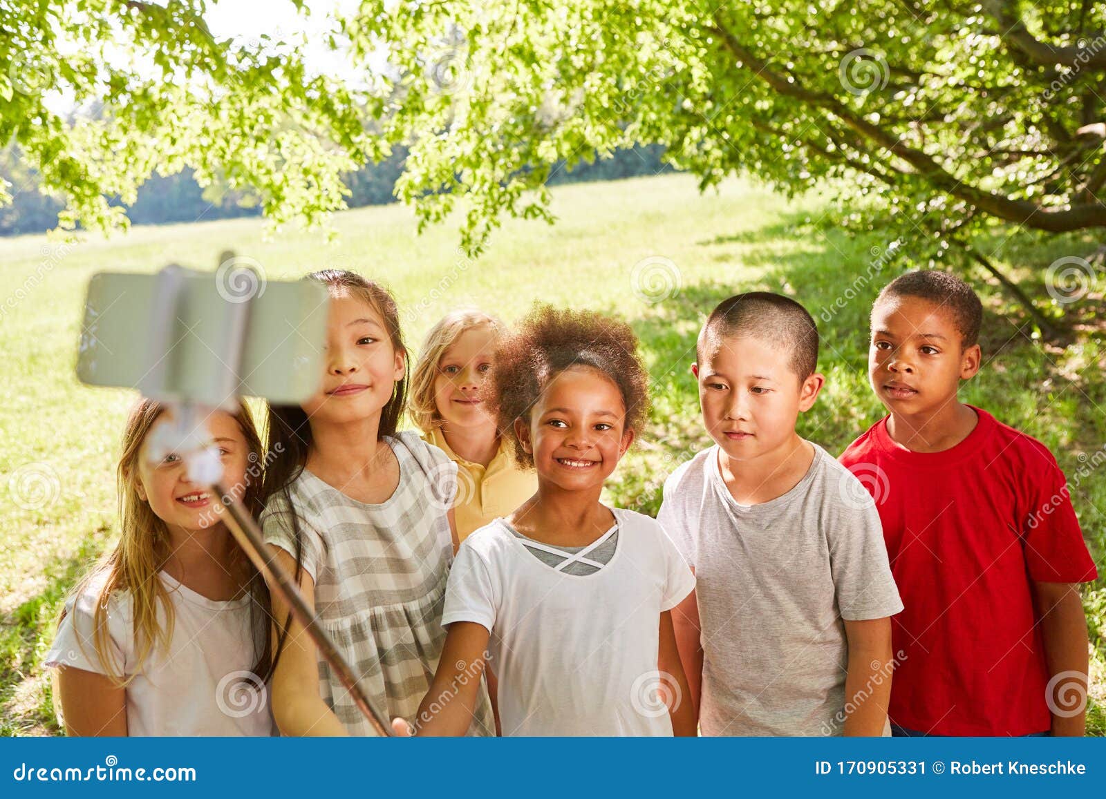 Multicultural Group of Kids Makes Selfie in Nature Stock Image - Image ...