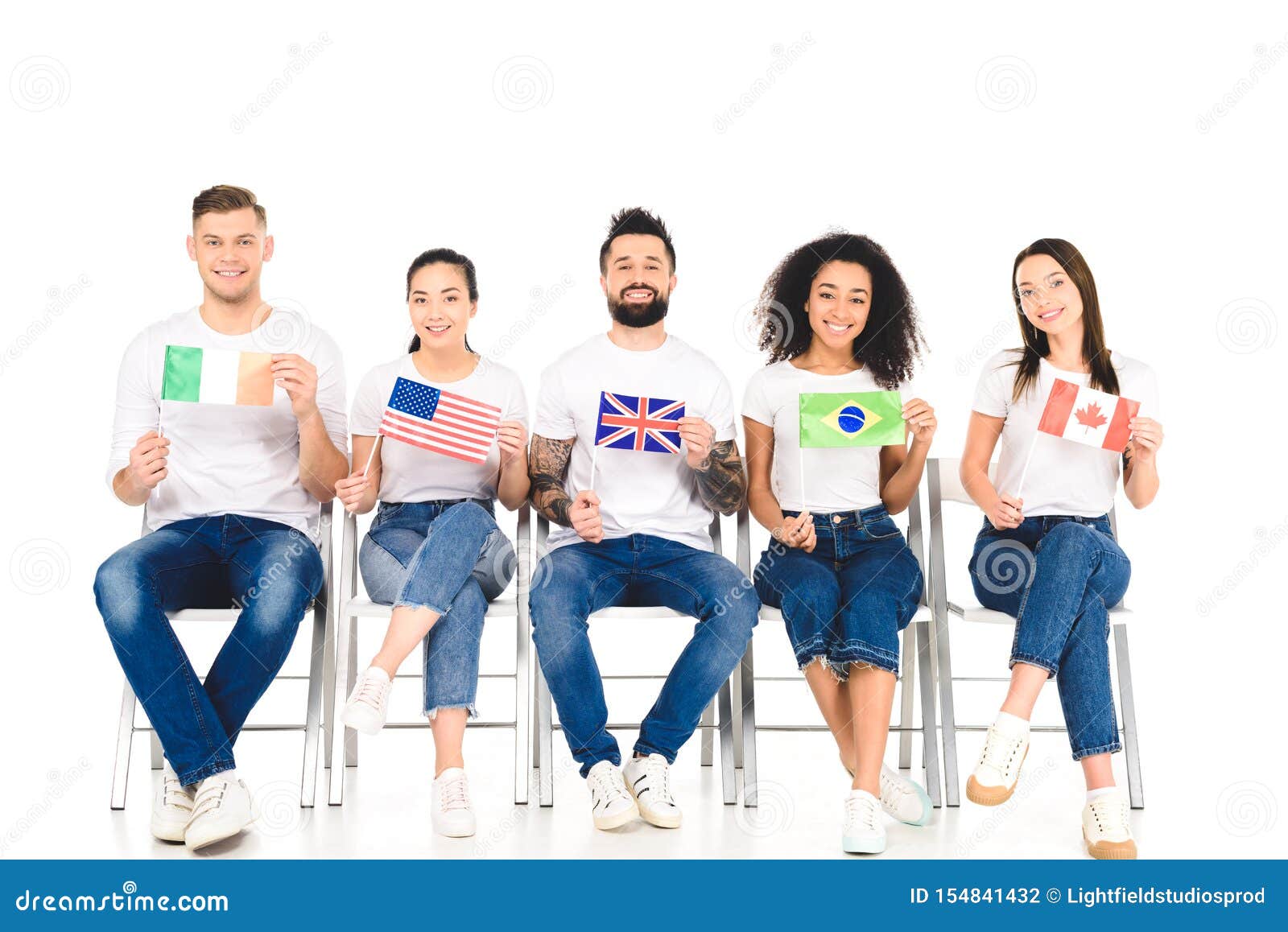 Multicultural Group of People Sitting on Chairs with Flags of Different ...
