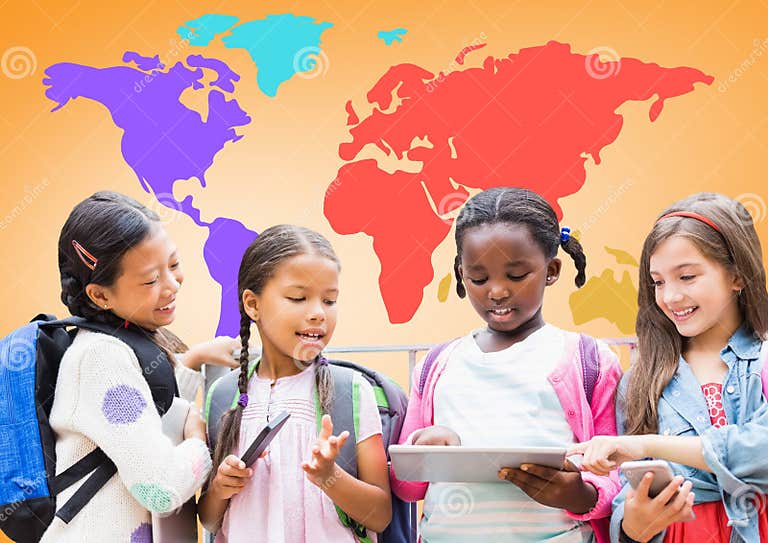 Multicultural Kids on Devices in Front of Colorful World Map Stock ...