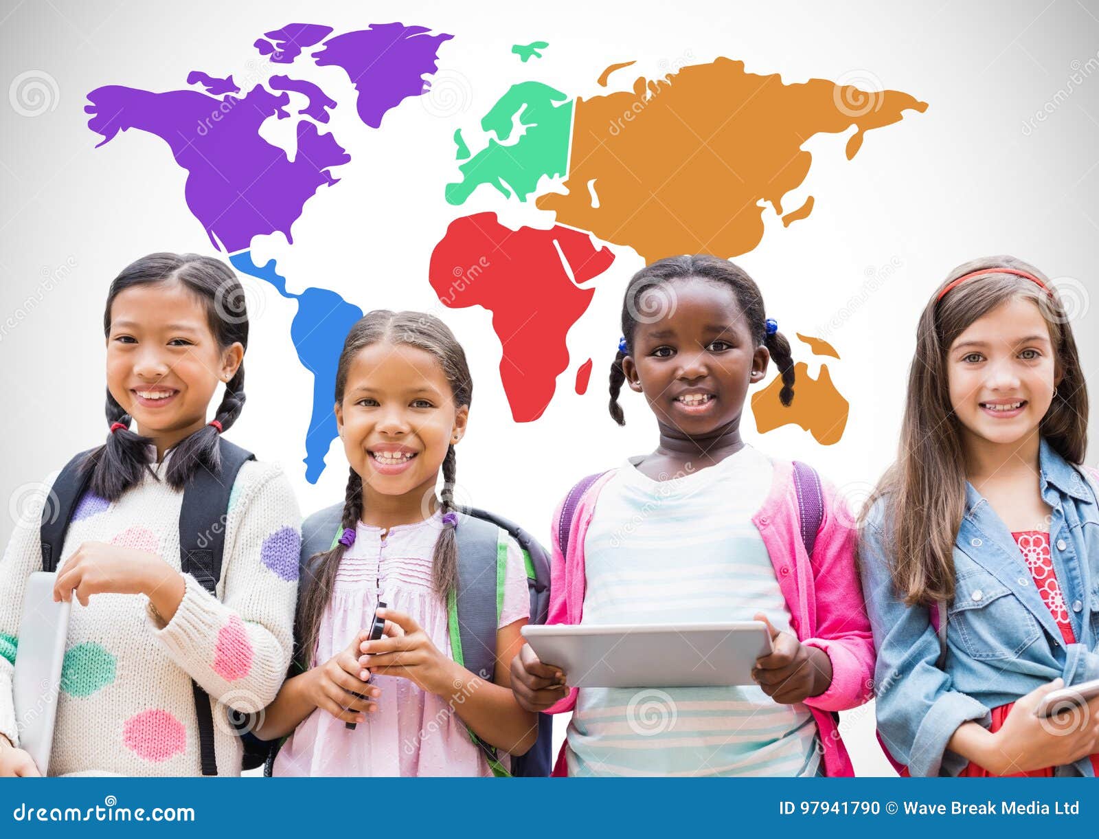 Multicultural Kids on Devices in Front of Colorful World Map Stock ...