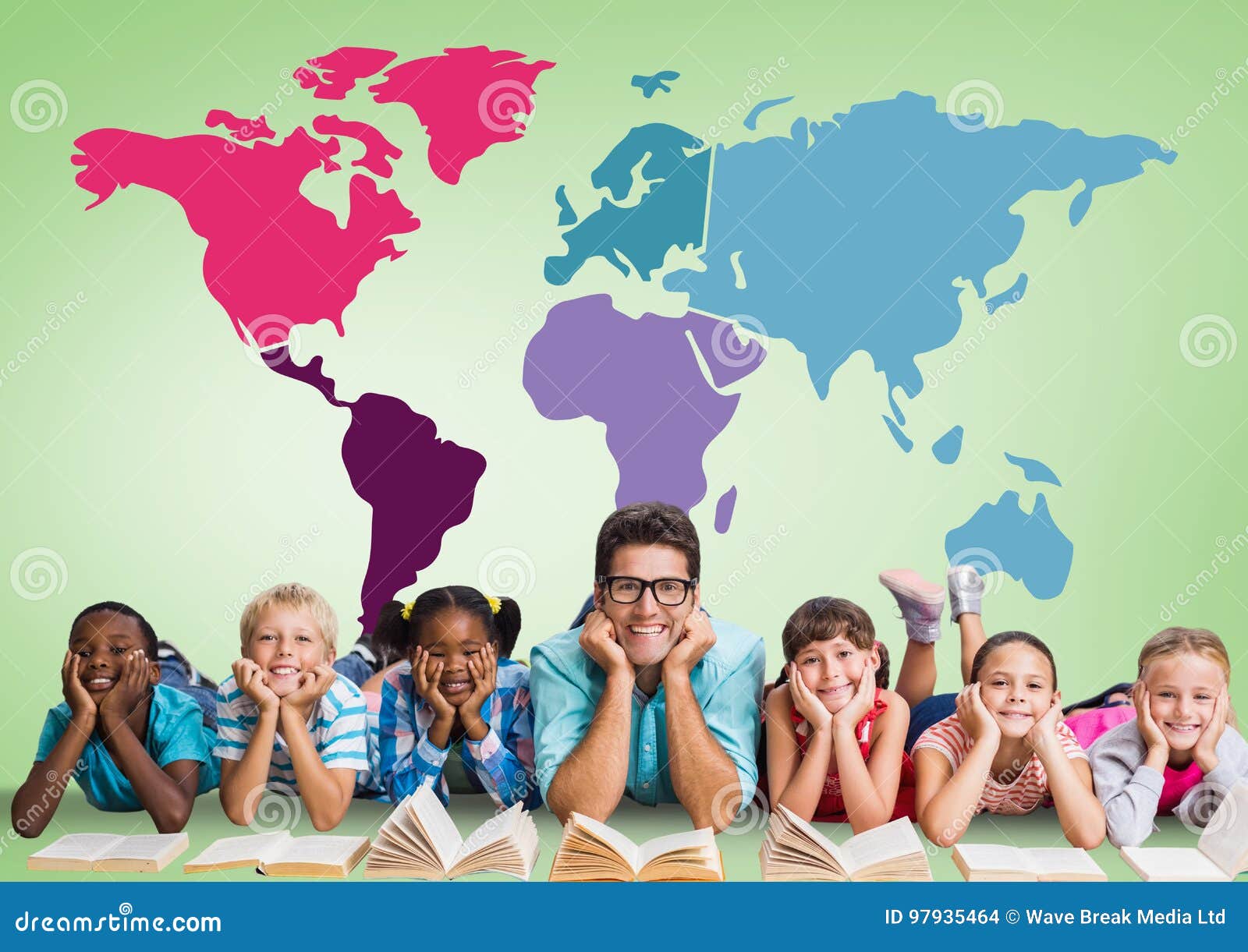 Multicultural Kids Reading in Front of Colorful World Map with Teacher ...