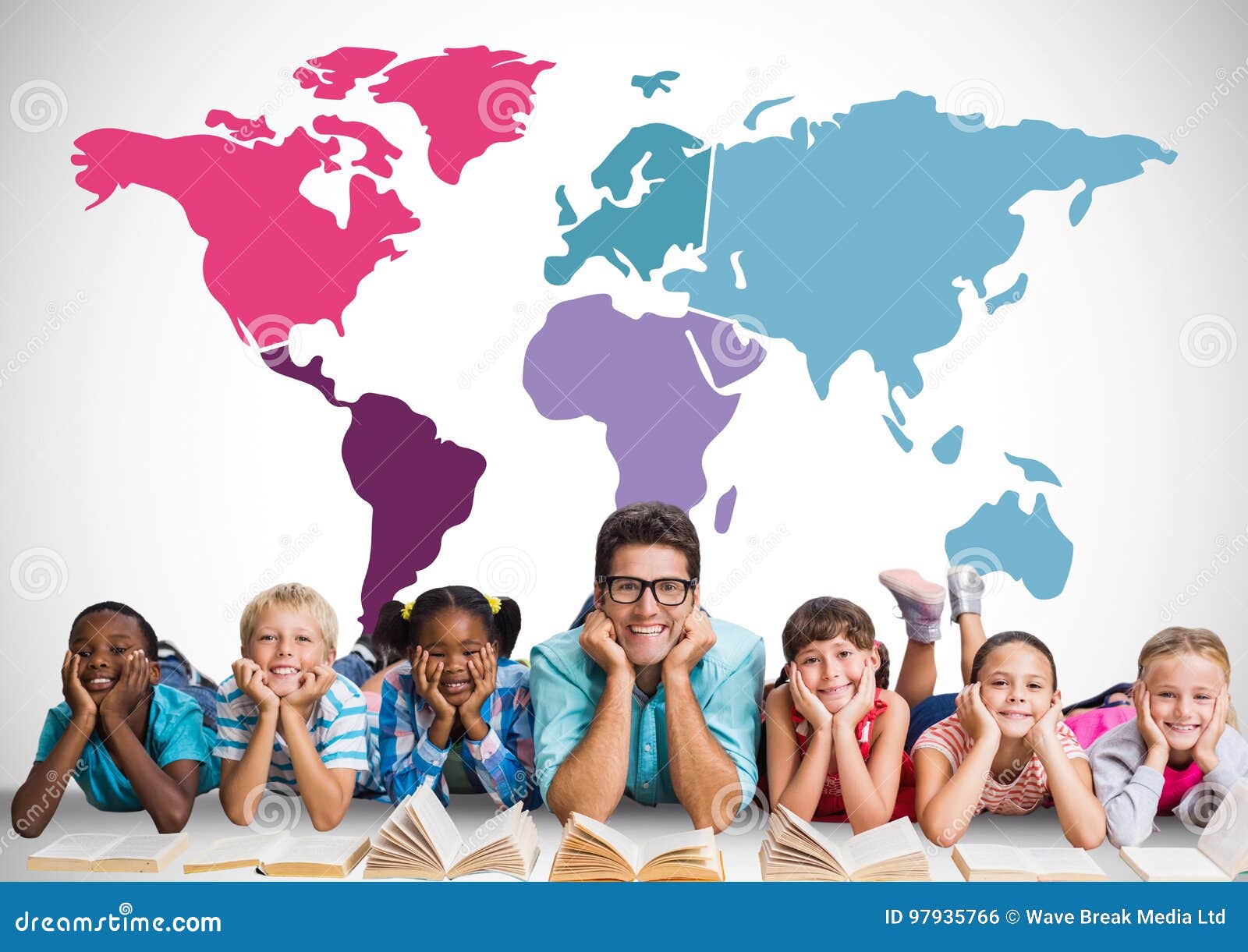 Multicultural Kids Reading in Front of Colorful World Map with Teacher ...