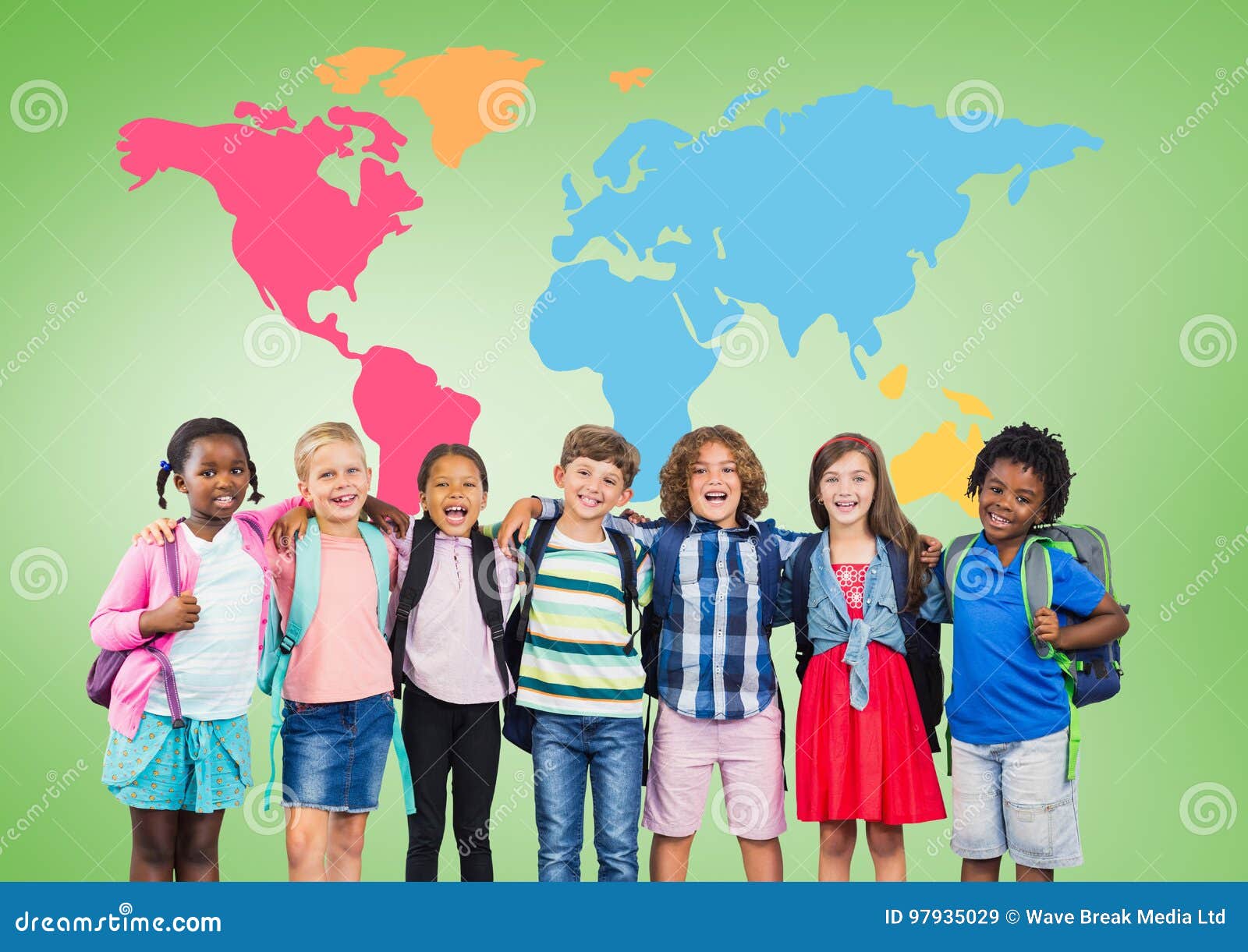 Multicultural School Kids In Front Of Colorful World Map Royalty-Free ...