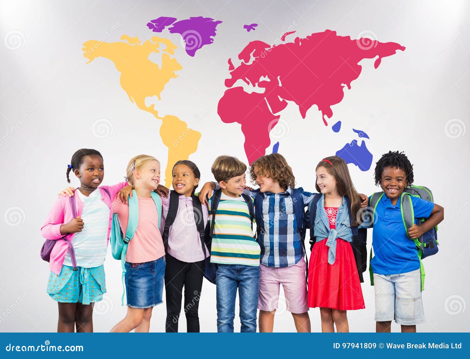 Multicultural School Kids In Front Of Colorful World Map Royalty-Free ...