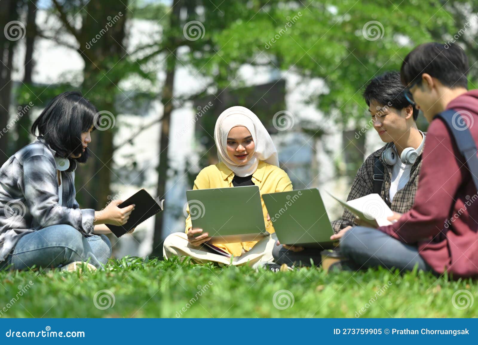 Multicultural Students Doing Group Project Together on Green Lawn at ...