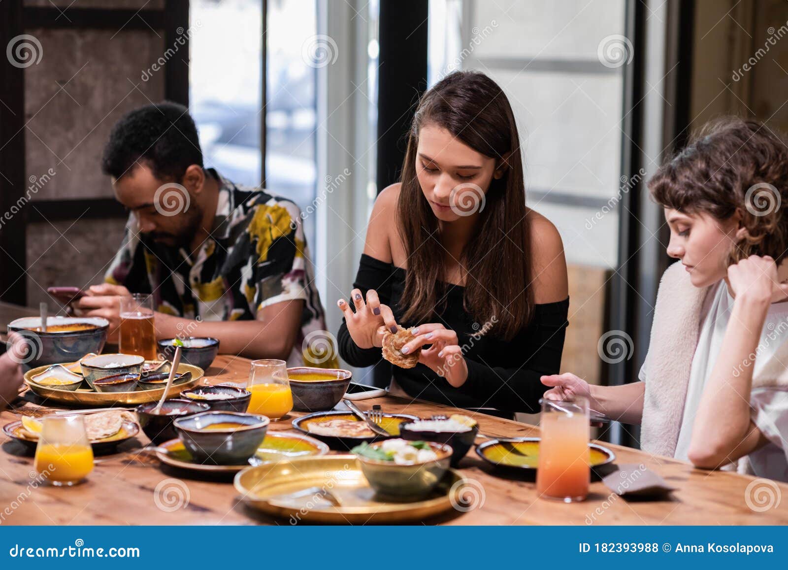 Multicultural Students Sitting at the Table in the Common Kitche Stock ...