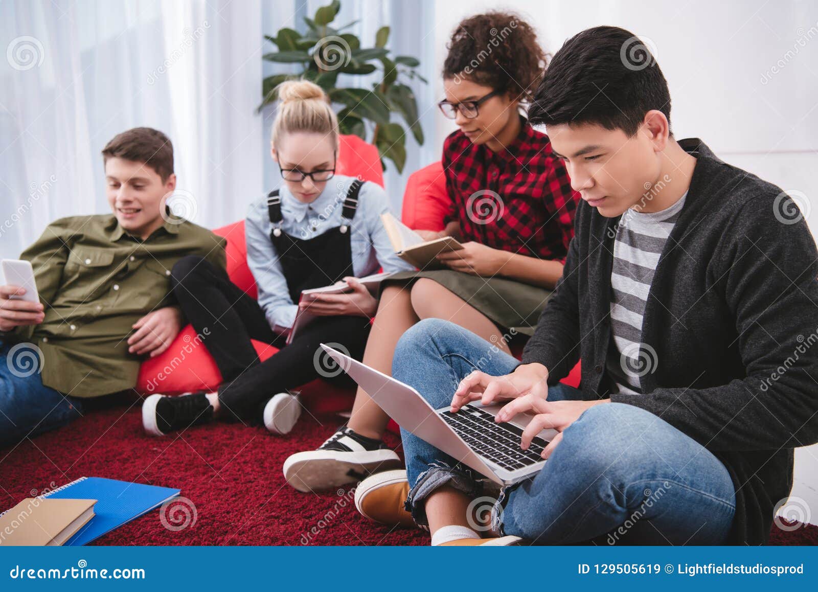 Multicultural Teenagers Studying with Laptop Stock Image - Image of ...