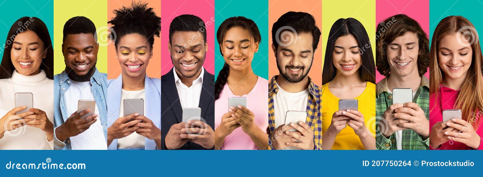Multicultural Women and Men Using Cellphones Texting Over Colorful ...