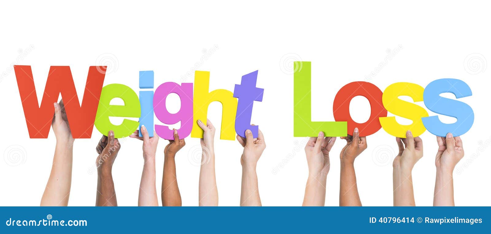 Multiethnic Arms Raised Holding Texts Weight Loss Stock Photo - Image ...