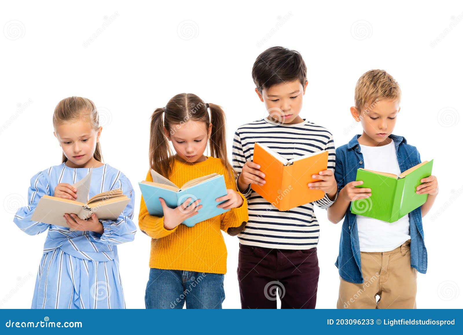 Multiethnic Children Reading Books Isolated on Stock Image - Image of ...