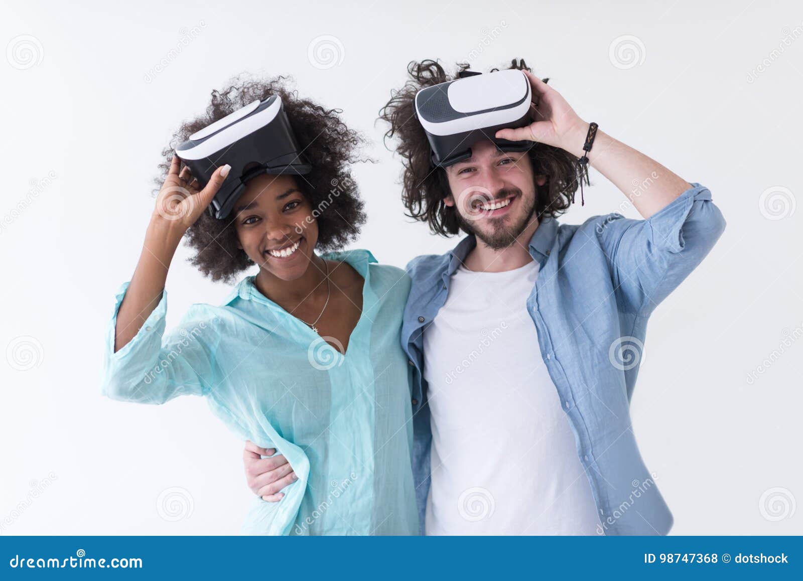 Multiethnic Couple Getting Experience Using VR Headset Glasses Stock ...