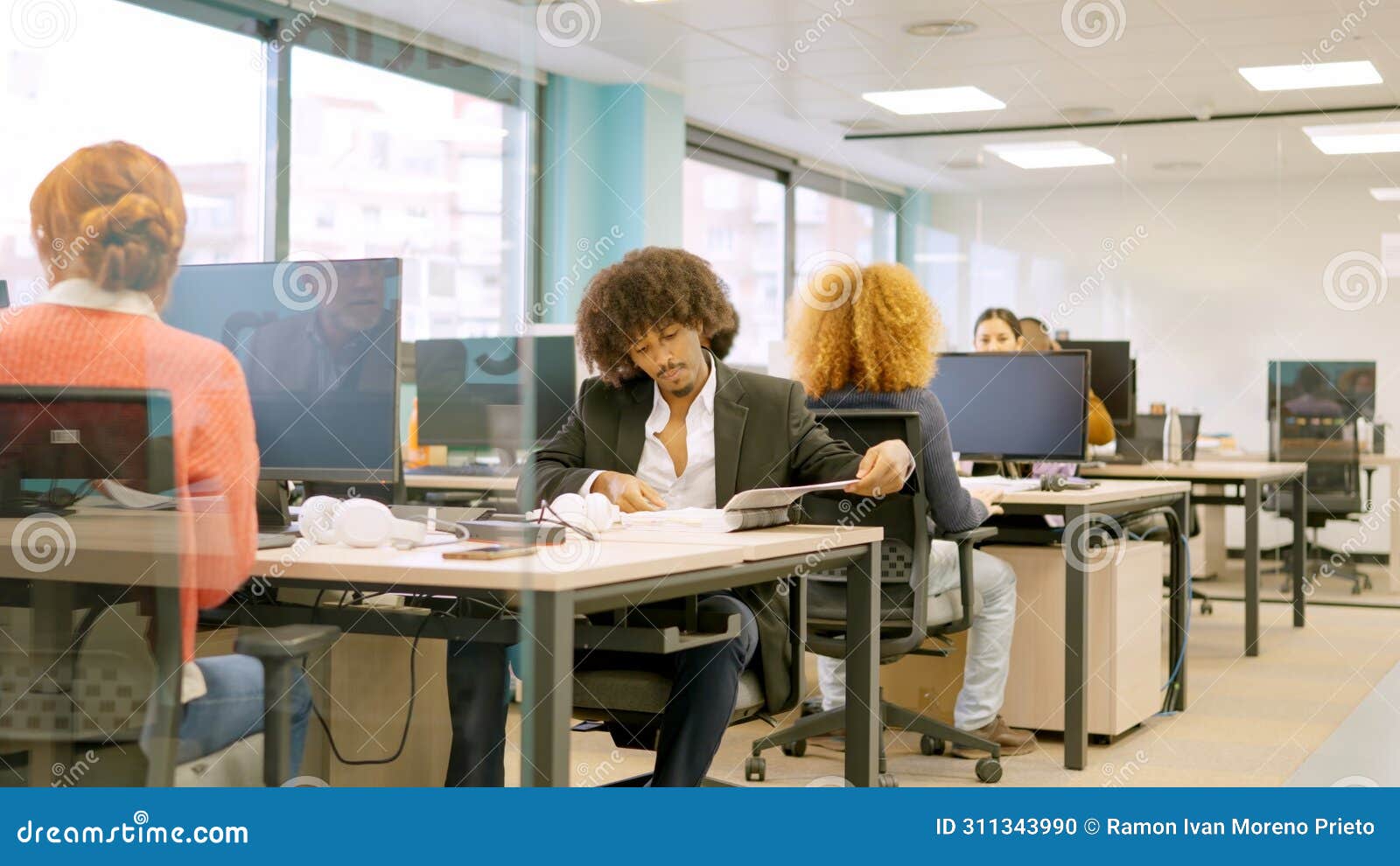 Multiethnic Coworkers Working with Computers on Desks Stock Photo ...