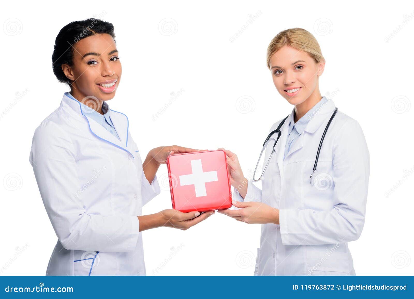 Multiethnic Doctors Presenting Red First Aid Kit, Stock Photo - Image ...