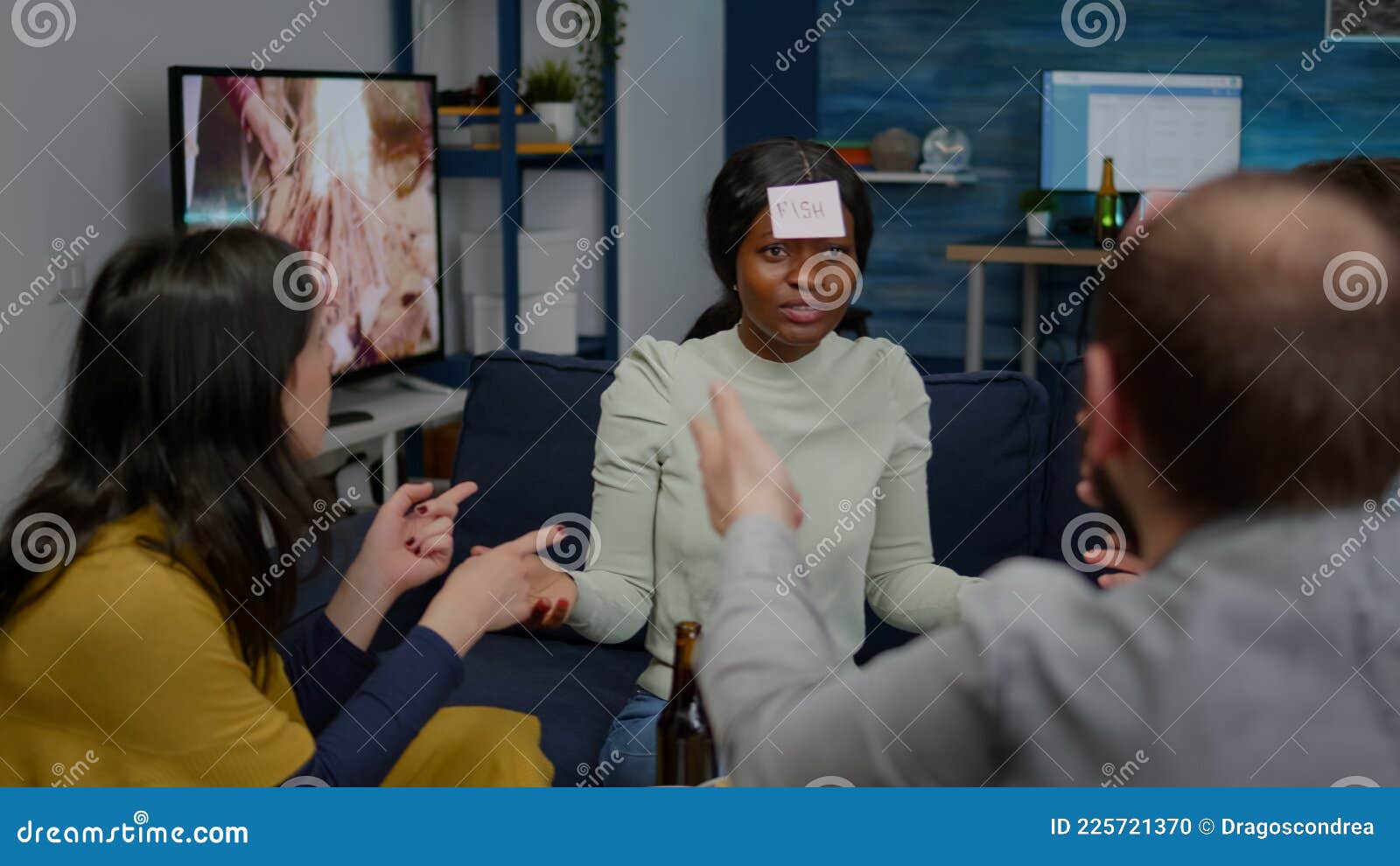 Multiethnic Friends Having Attaching Sticky Notes on Forehead Stock ...