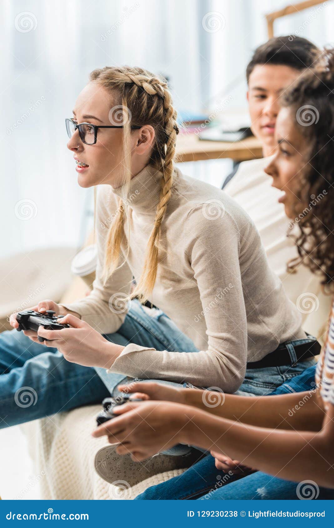 Multiethnic Girls Playing Video Game Stock Photo - Image of casual ...