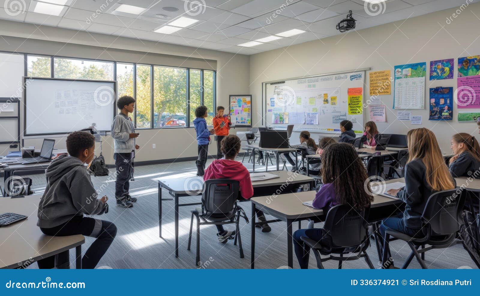 Multiethnic Group of Elementary School Students and Teacher in ...