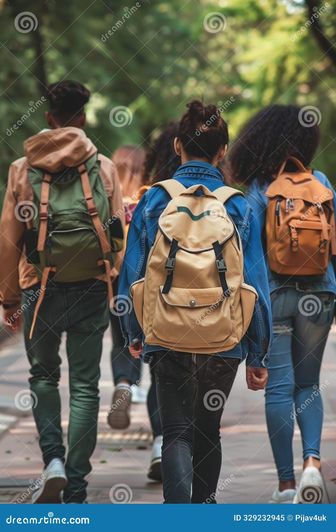 Multiethnic Group of Five Students Walking Together on University ...