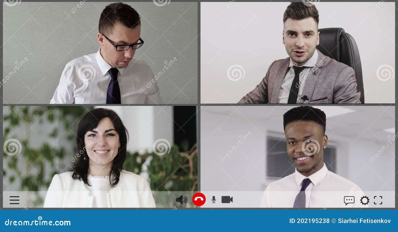 Multiethnic Group of Four People Using Video Conferencing Technology ...