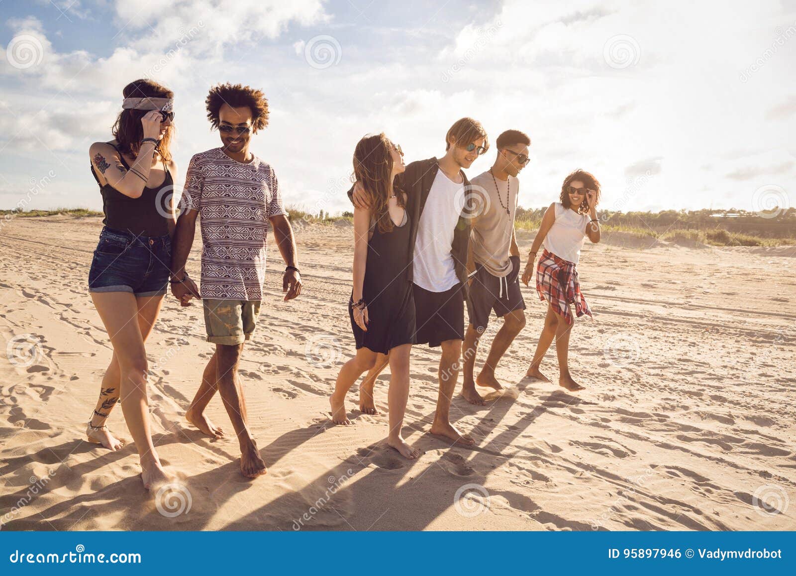 Multiethnic Group of Friends Walking on the Beach Stock Photo - Image ...