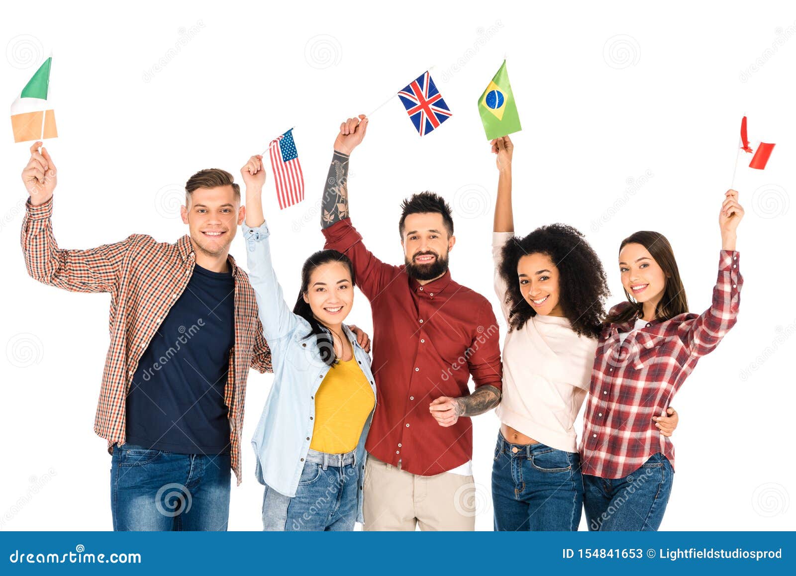 Multiethnic Group of People Smiling with Flags of Different Countries ...