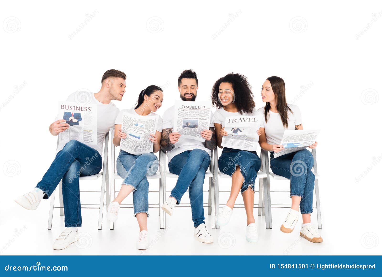 Multiethnic Group of Young People Reading Newspapers Isolated Stock ...