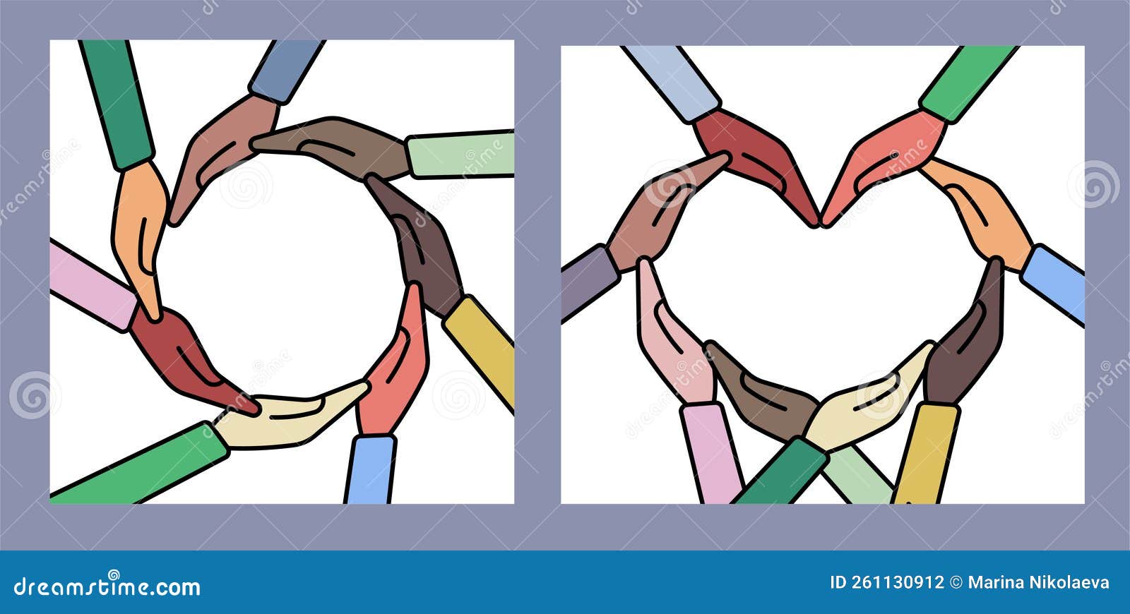 Multiethnic Hands Form a Circle and a Heart. Flat Illustration Stock ...