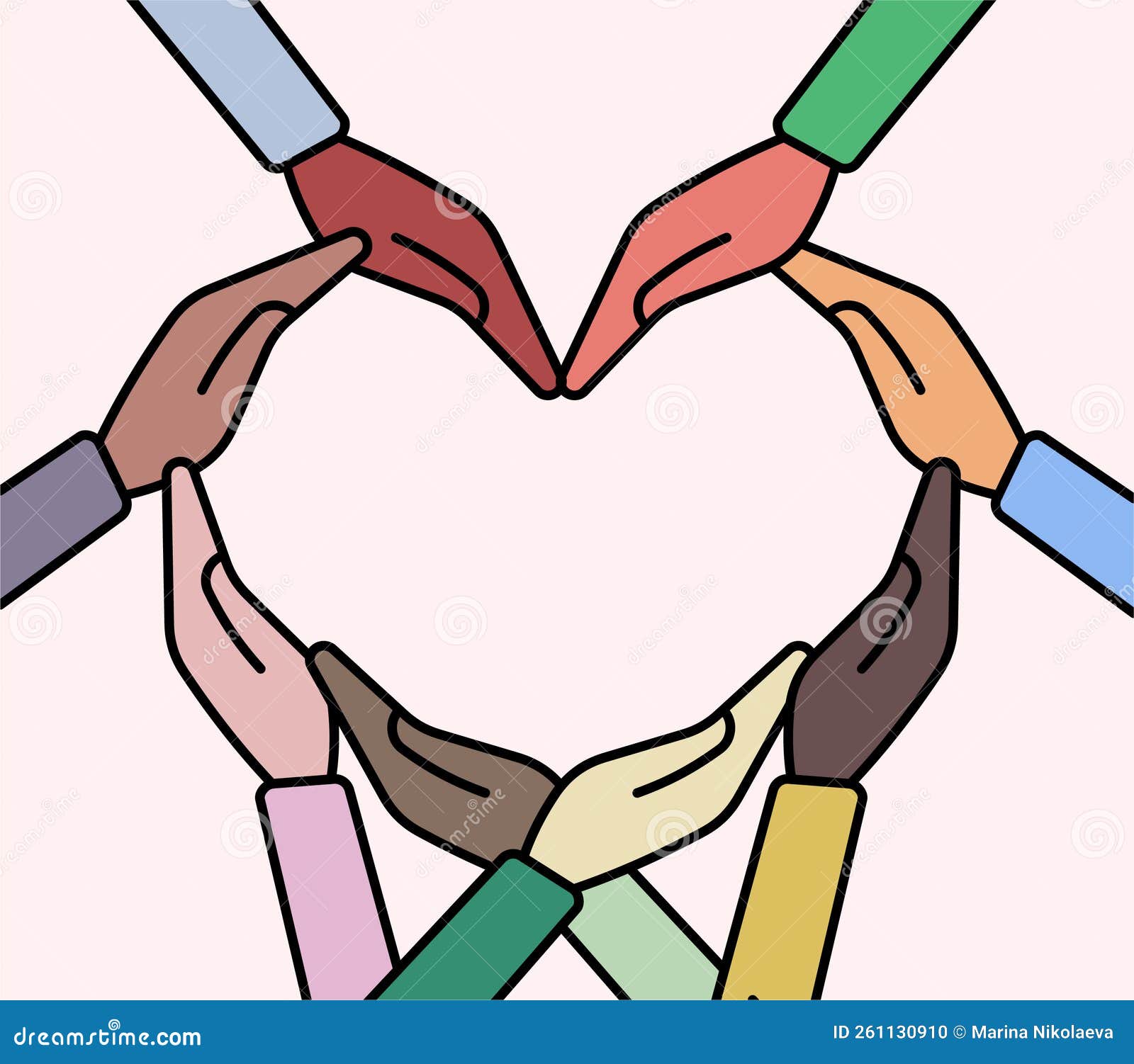 Multiethnic Hands Form a Heart. Flat Illustration. Friendship and Unity ...