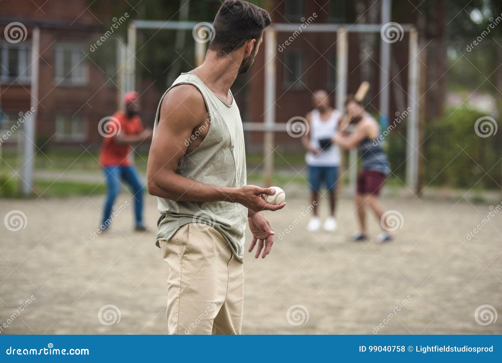 Multiethnic Men Playing Baseball on Court Stock Photo - Image of ...