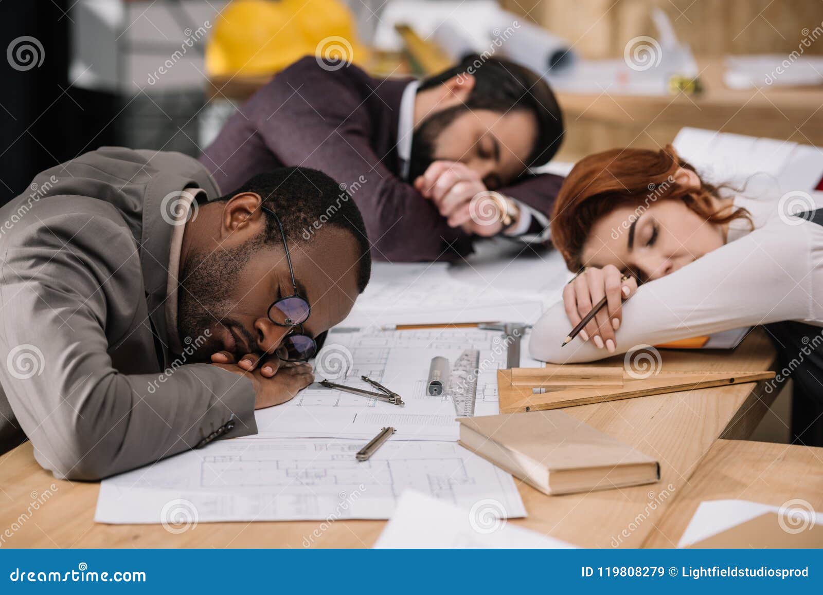 Multiethnic Overworked Team of Architects Sleeping Stock Image - Image ...