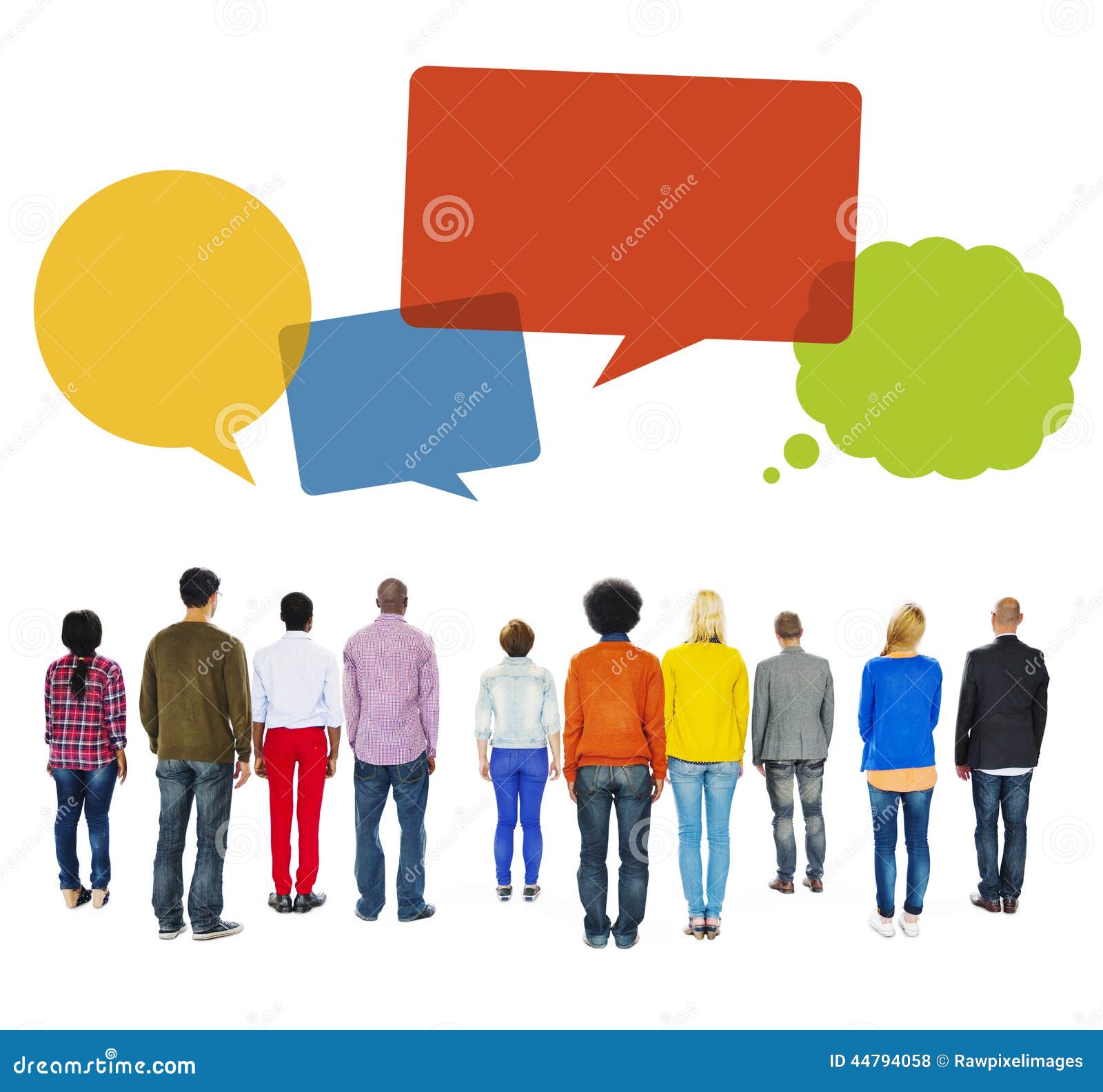 Multiethnic People Turn Back with Speech Bubbles Stock Photo - Image of ...