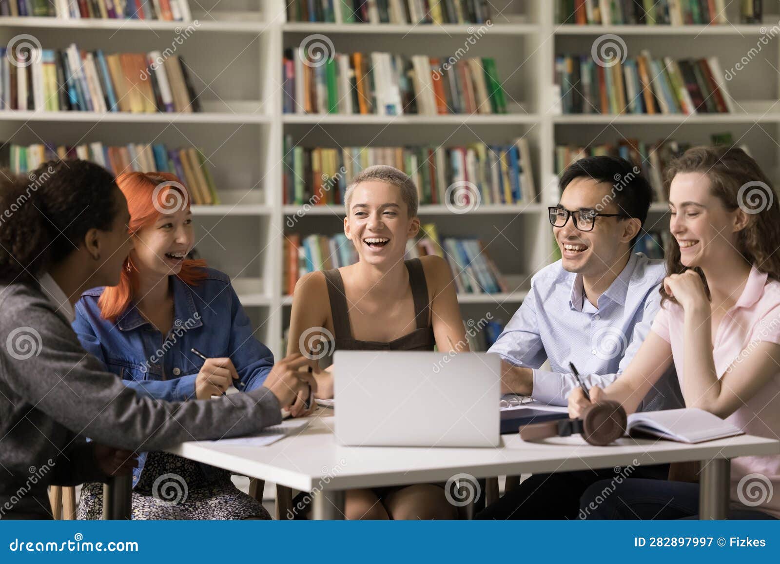 Multiethnic Team of Happy Fresh Students Cooperating on Class Project ...