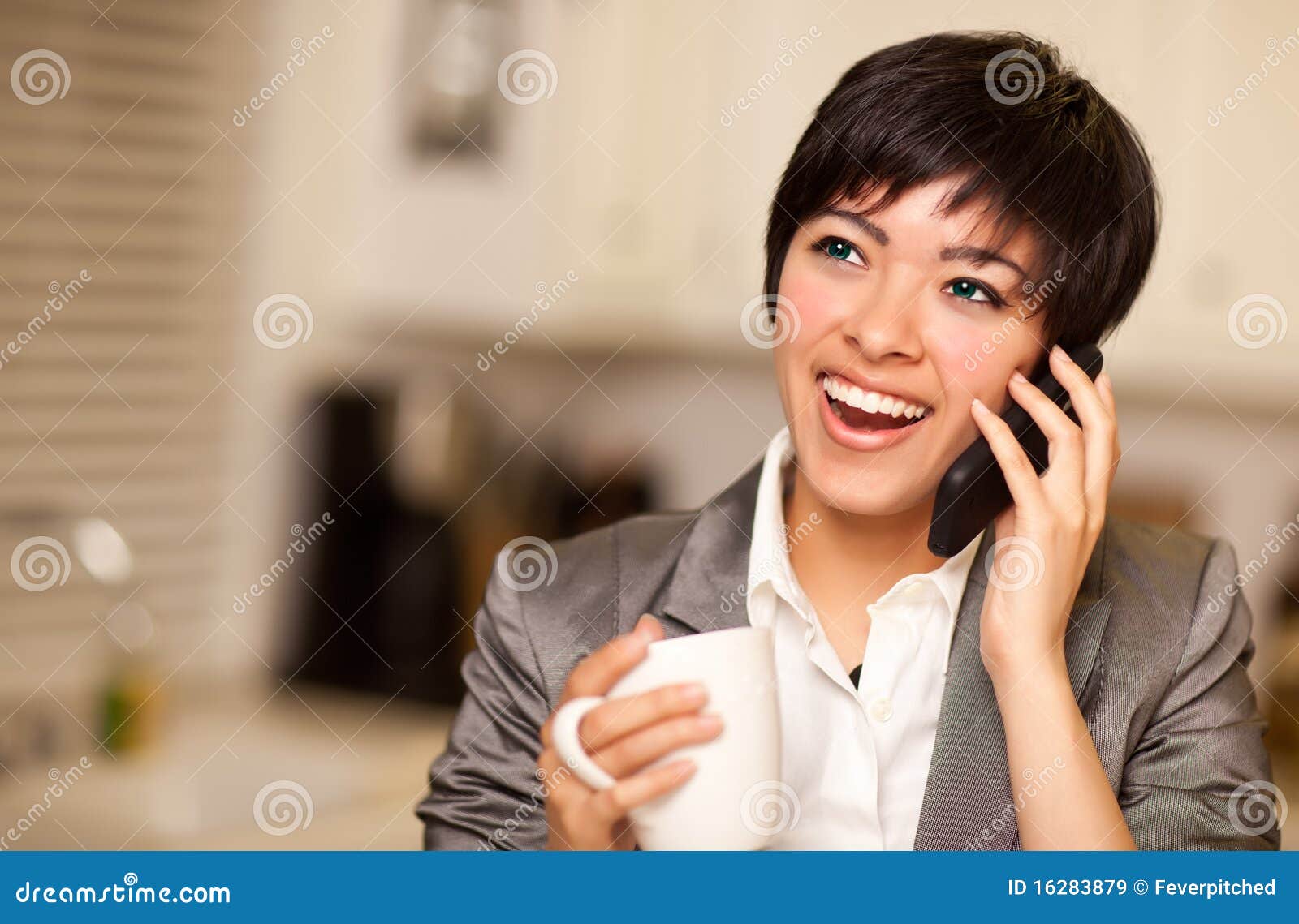 Multiethnic Woman with Coffee and Cell Phone Stock Image - Image of ...