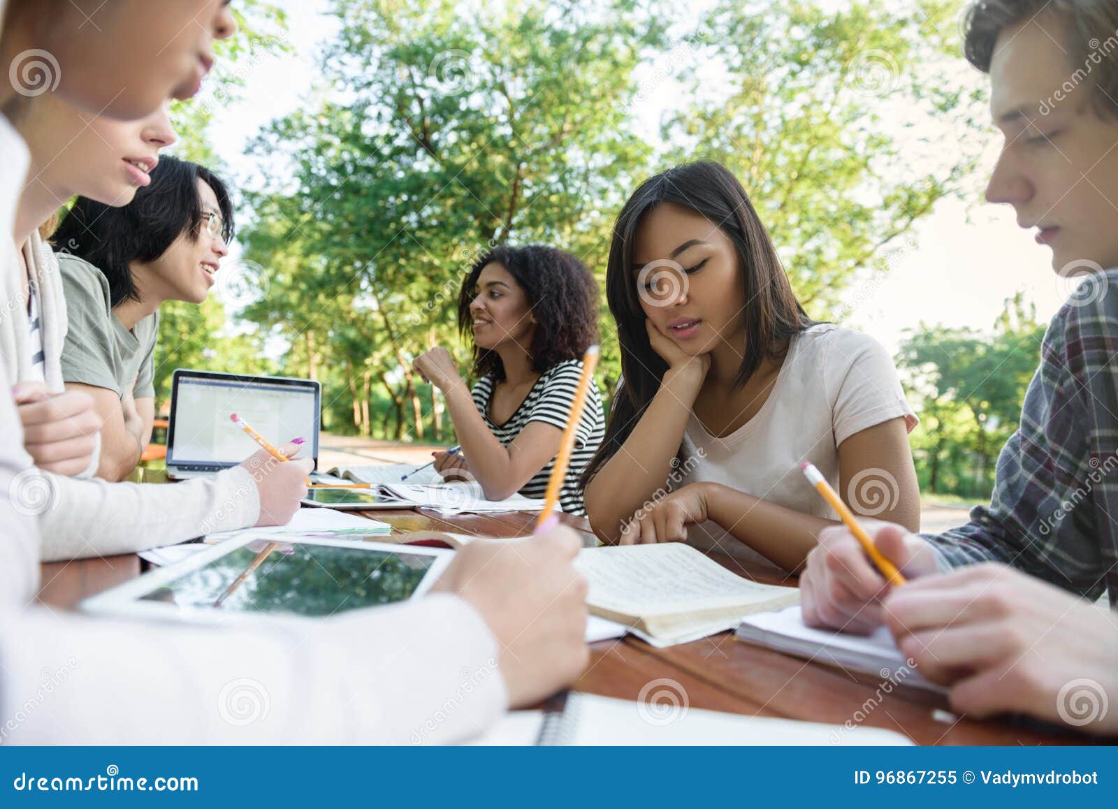 Multiethnische Gruppe Junge Sitzende Und Studierende Studenten ...