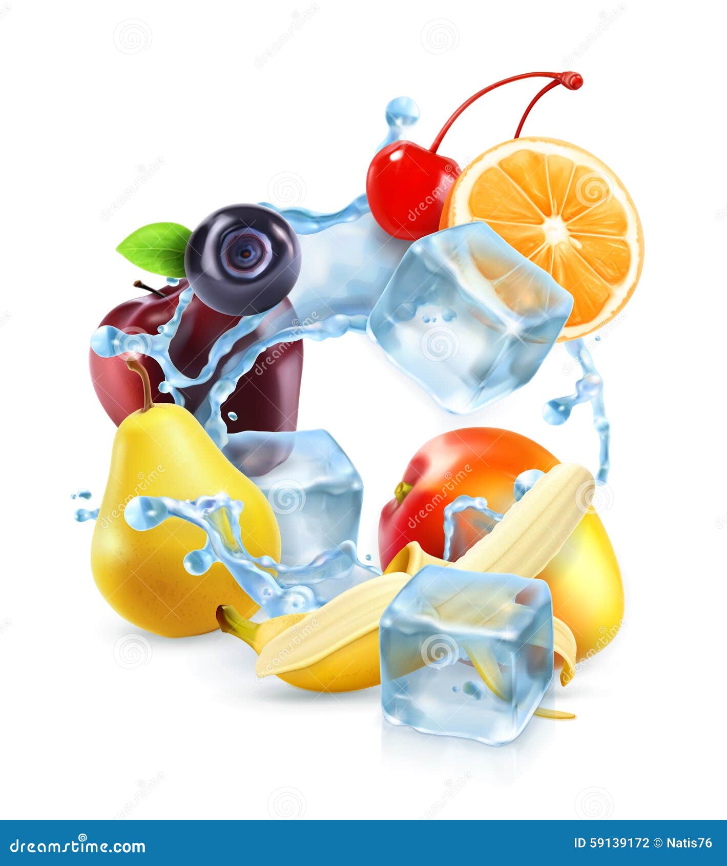 Multifruit Met Ijsblokjes En Waterplons Vector Illustratie ...