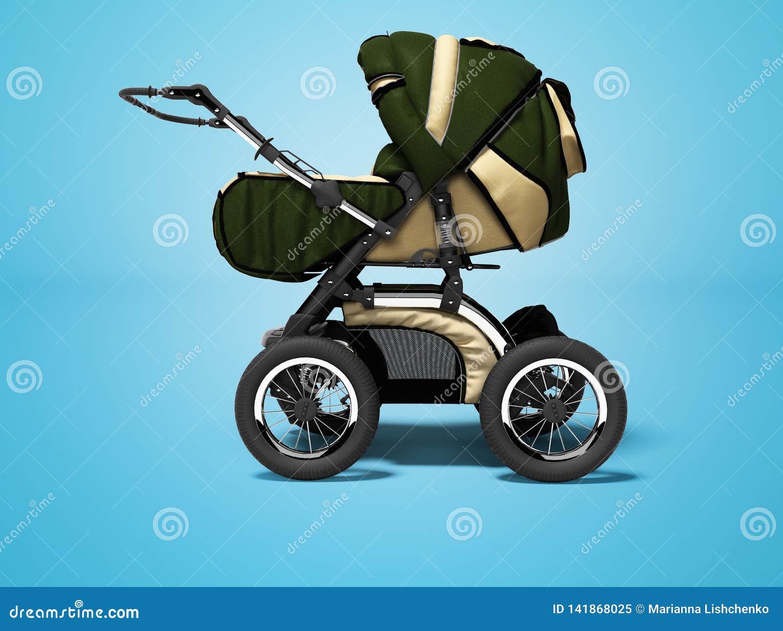 Multifunctional Green Pram for Kids with Pockets 3d Render on Blue ...