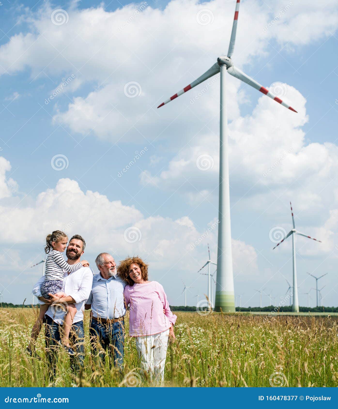 Multigeneration Family Standing on Field on Wind Farm. Stock Image ...