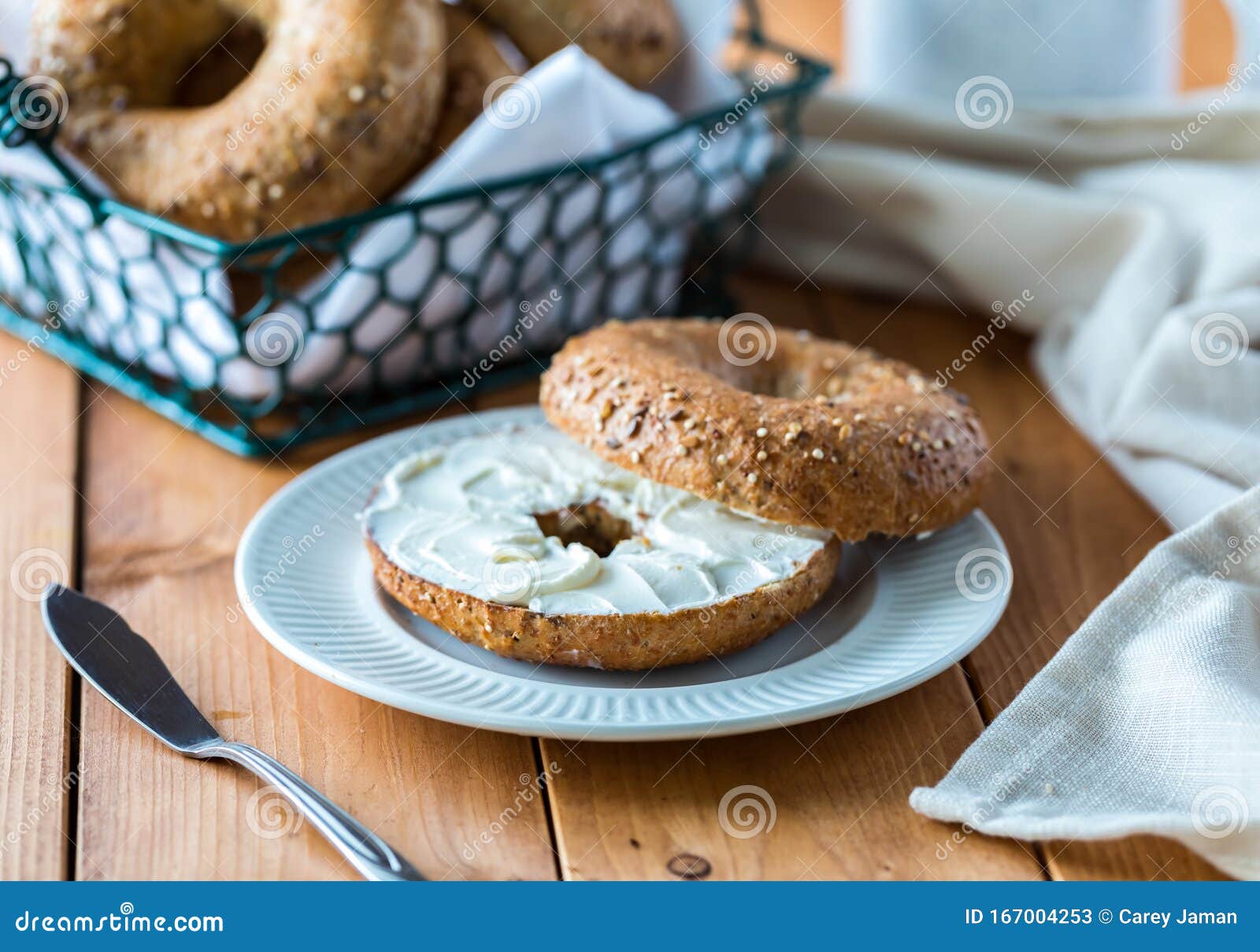A Multigrain Bagel with Cream Cheese. Stock Image - Image of bagel ...