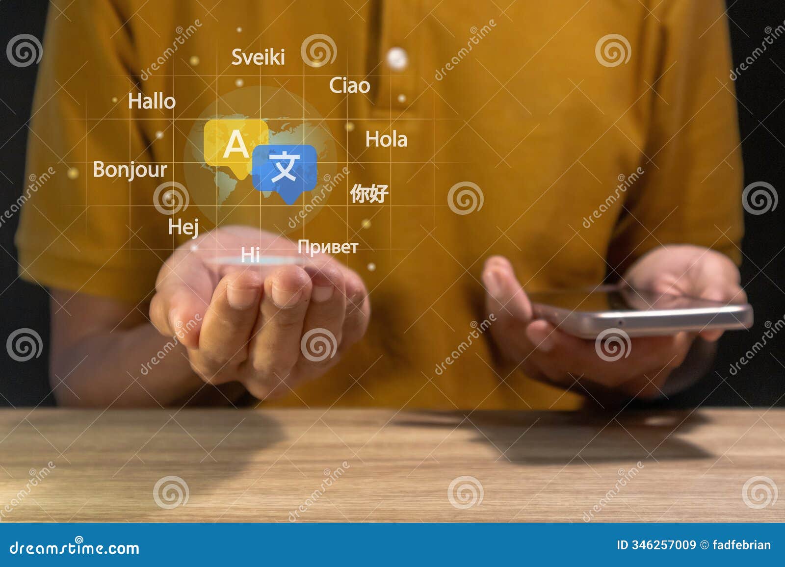 Multilingual Language Translation Concept. Man Using a Smartphone To ...