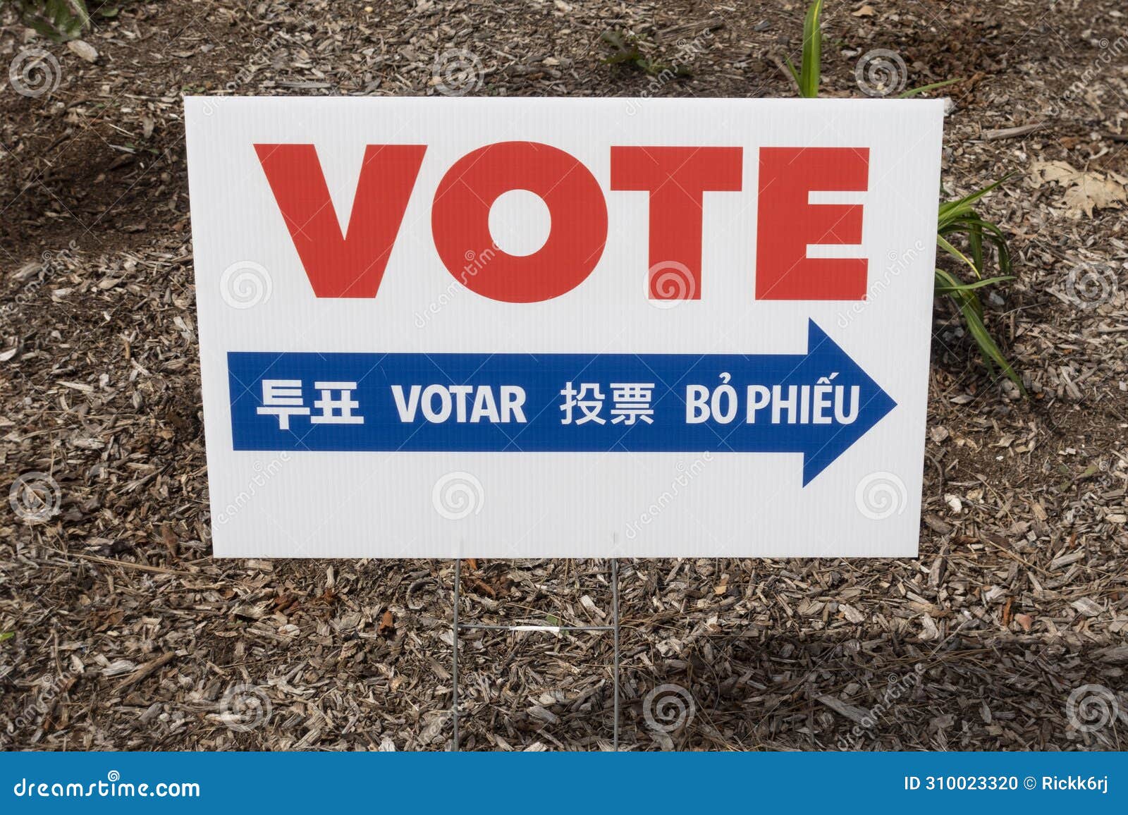 A Multilingual Voting Sign with Arrow in Red White and Blue Stock Photo ...