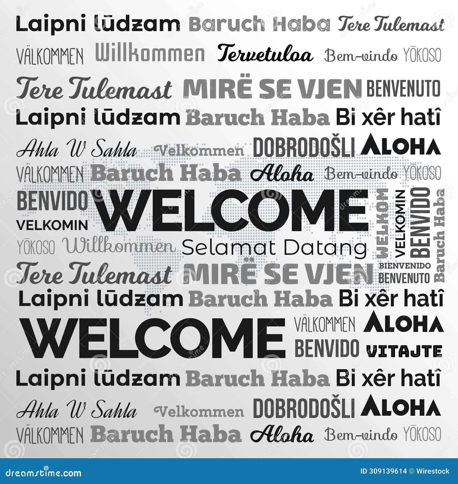 Multilingual "Welcome" Typography Design on a White Background Stock ...