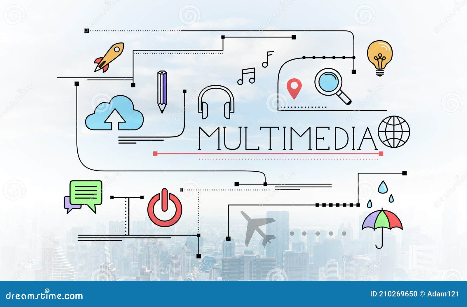 Multimedia Content Linear Sketch with Media Signs Stock Photo - Image ...