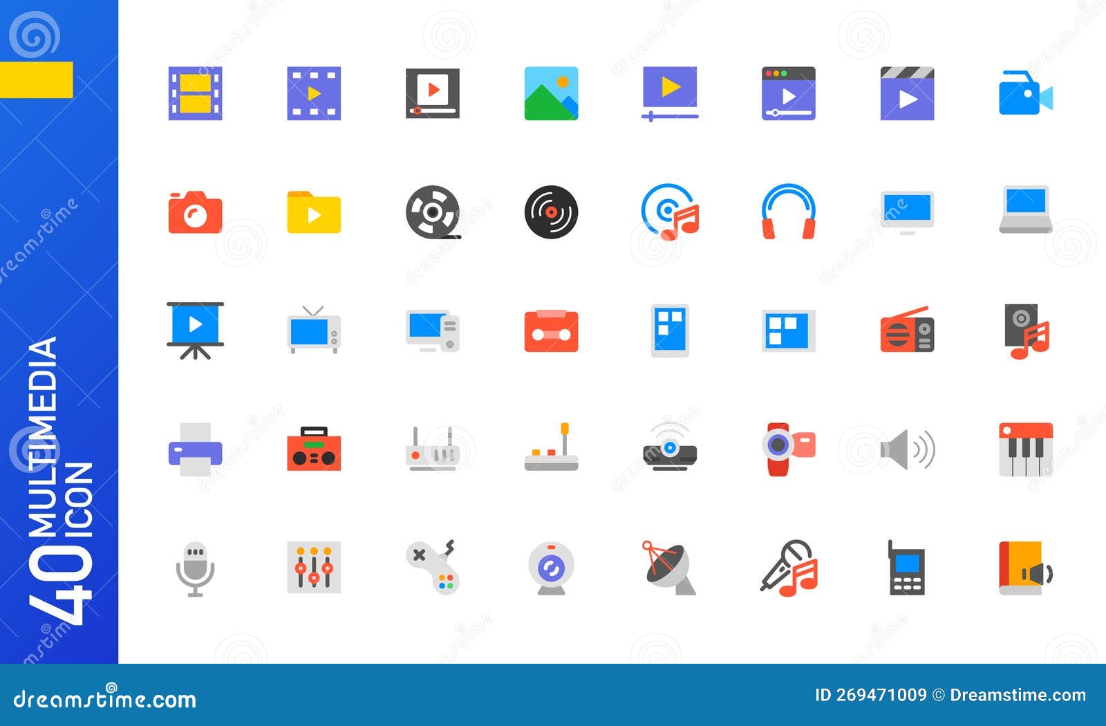 Multimedia Icon Set. Collection of Multicolored Flat Icons for Mobile ...