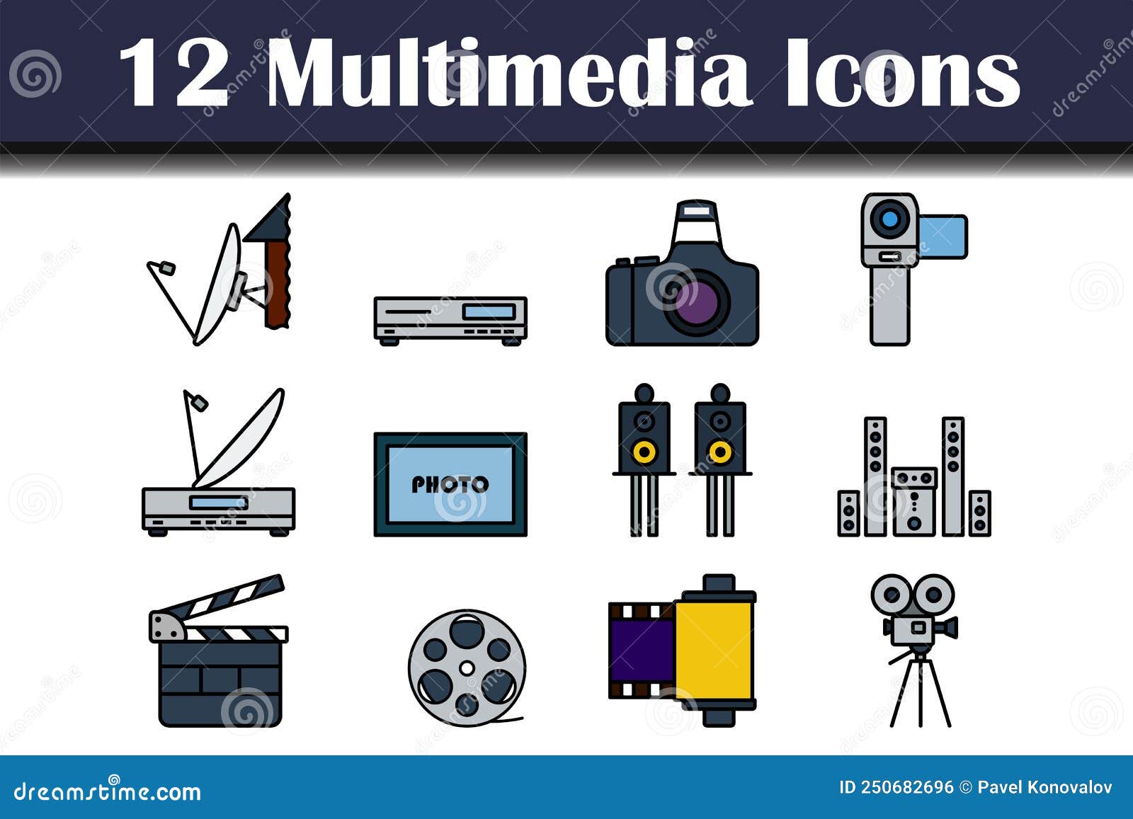 Multimedia Icon Set stock vector. Illustration of entertainment - 250682696