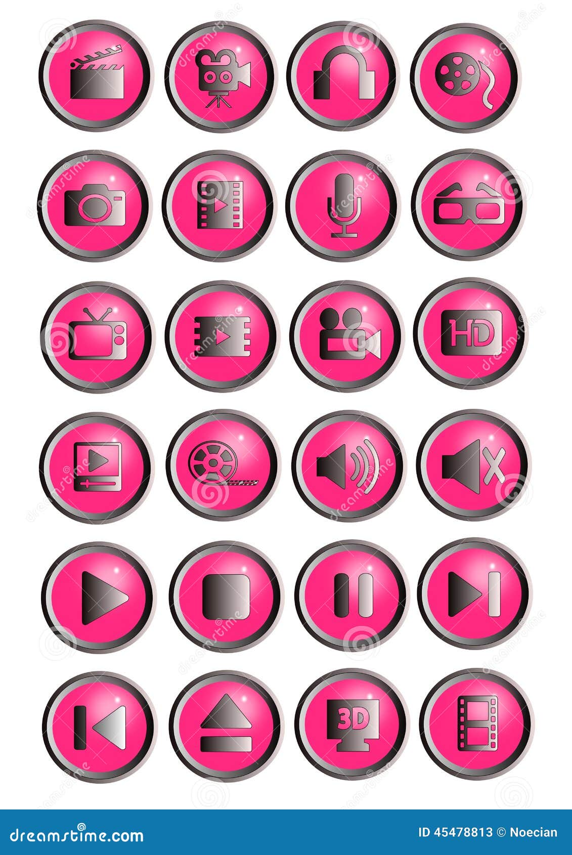 24 Multimedia Icons or Bright Pink and Silver Buttons Stock ...