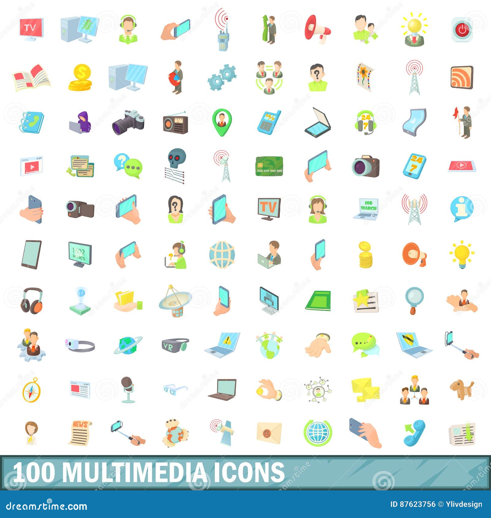 100 Multimedia Icons Set, Cartoon Style Stock Vector - Illustration of ...
